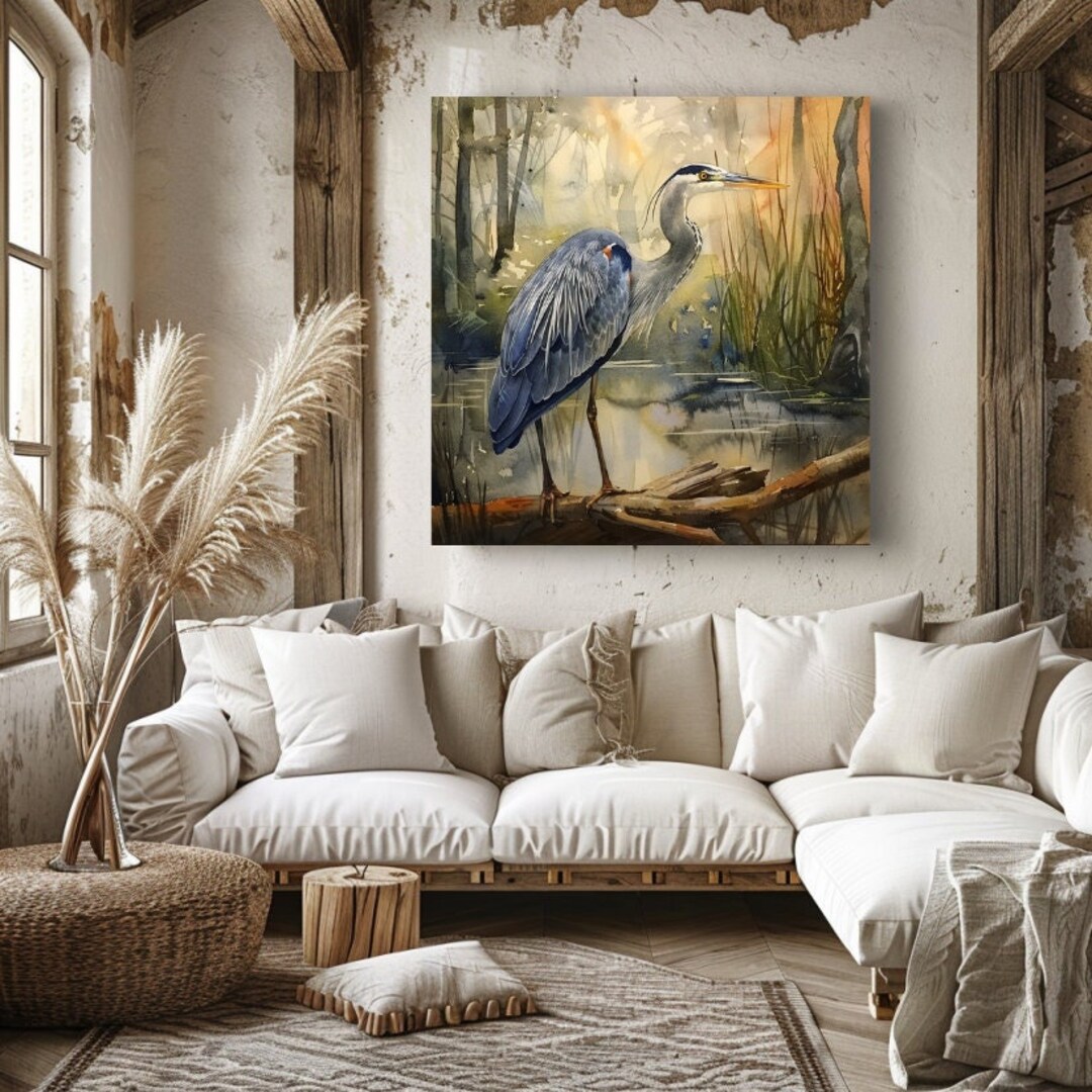 Vintage Rustic Watercolor Heron Canvas, Coastal Beach Wall Art ...