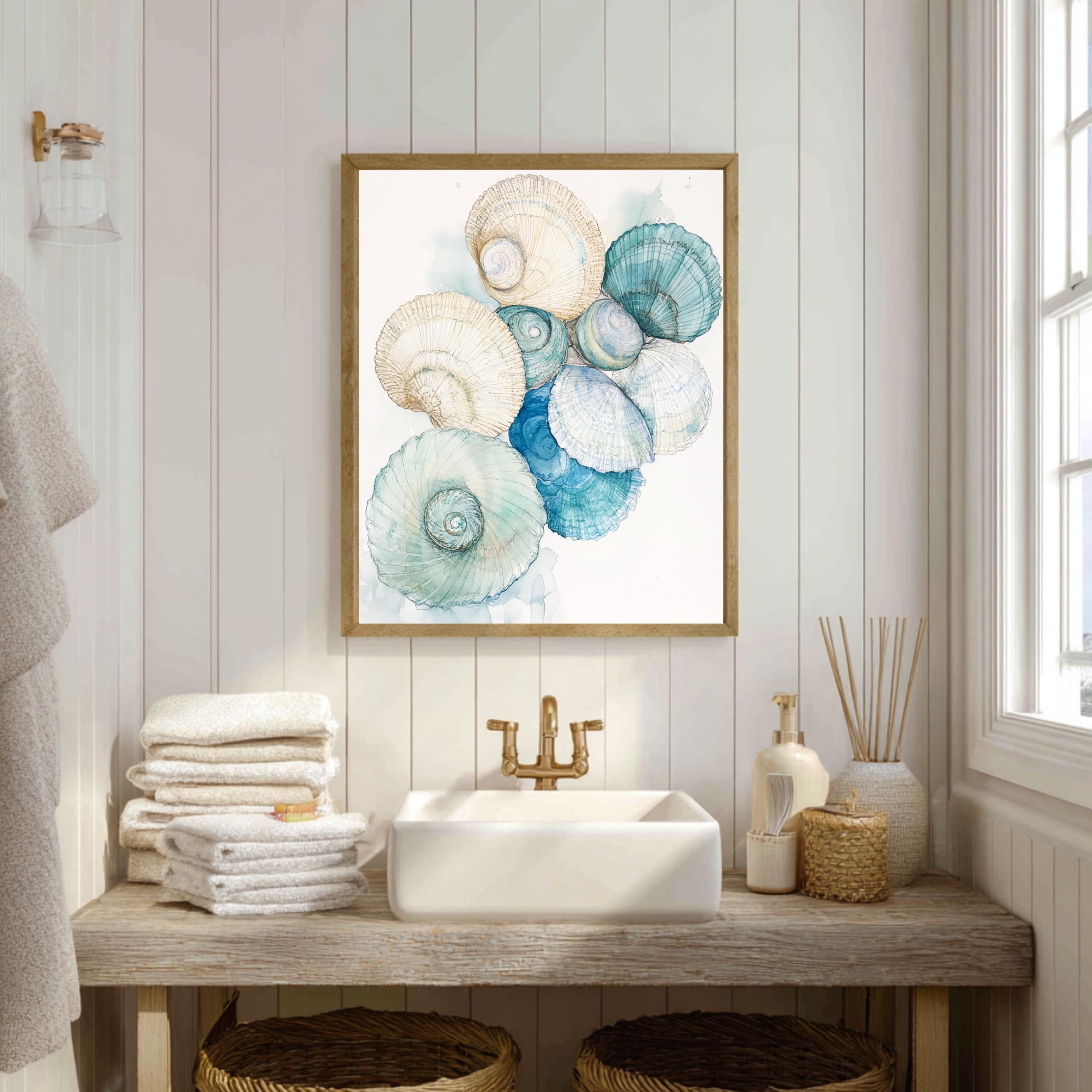 Seashell Cluster Wall Art, Coastal Watercolor Framed Canvas ...