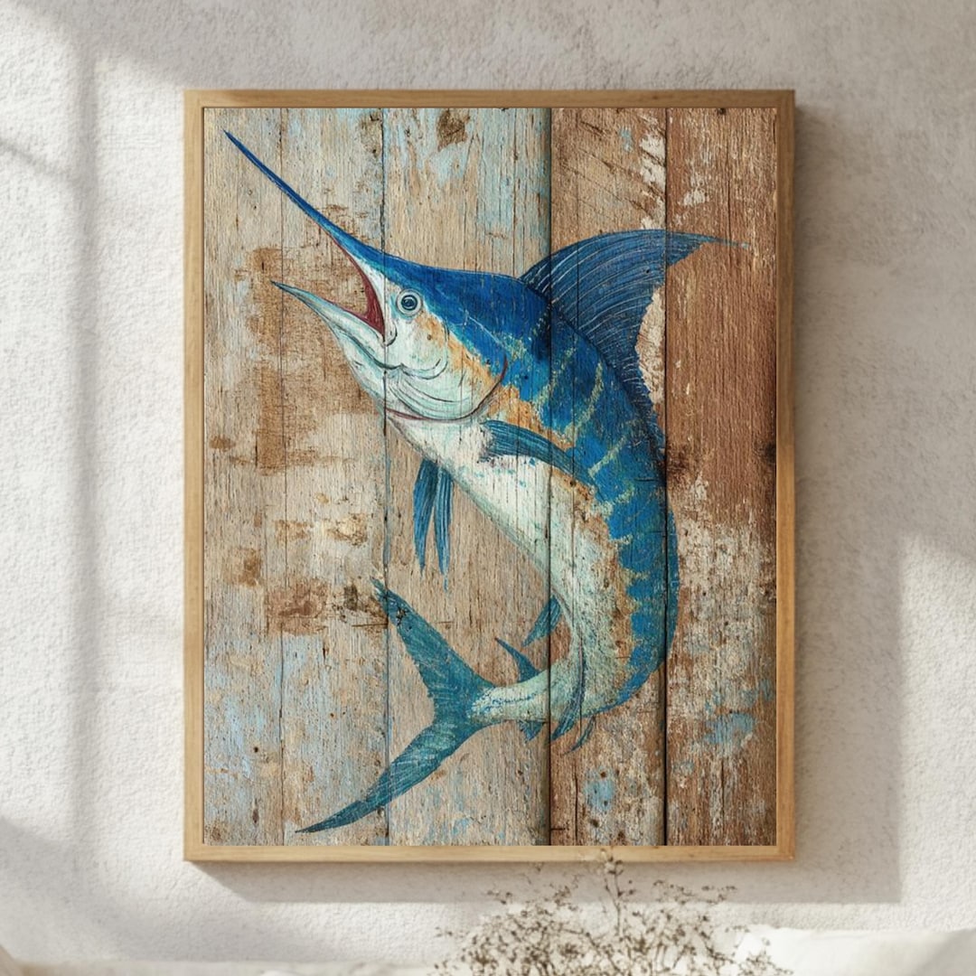 Blue Marlin Wall Art, Wooden Framed Canvas, Nautical Fish Decor ...
