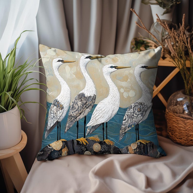 Shorebird Pillow, Coastal Heron Cushion Cover, Beach Inspired Throw ...