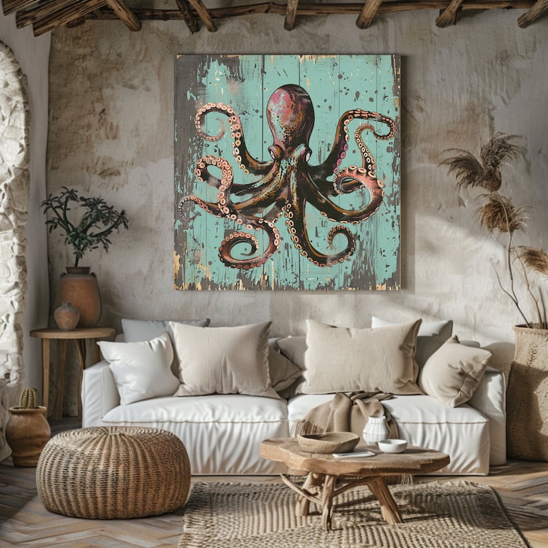 Octopus on Aqua Weathered Wood Canvas Wall Art Prints, Distressed Aqua ...