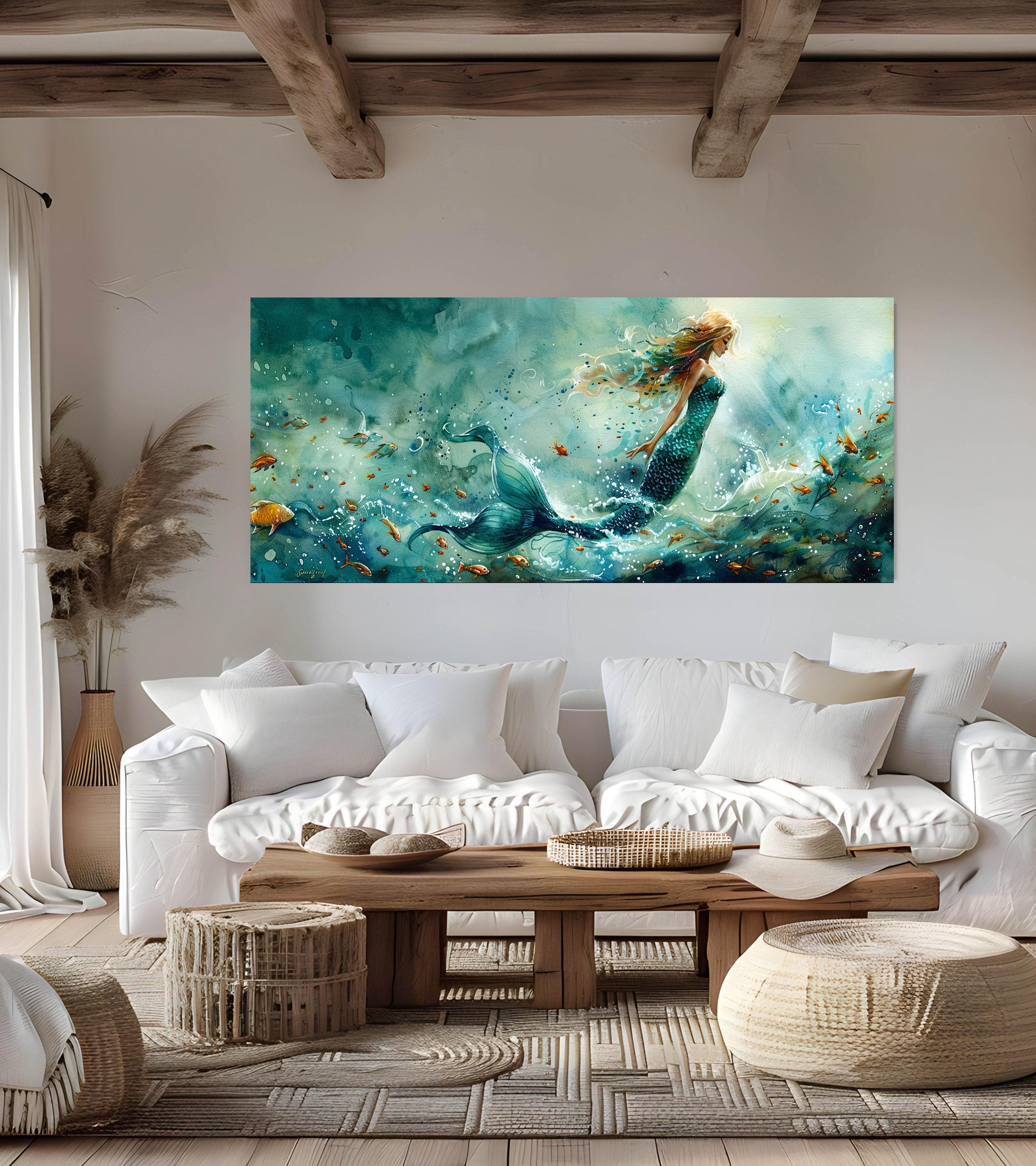 Mermaid Watercolor Canvas Wall Art Prints, Panoramic Wall Art, Mermaid ...