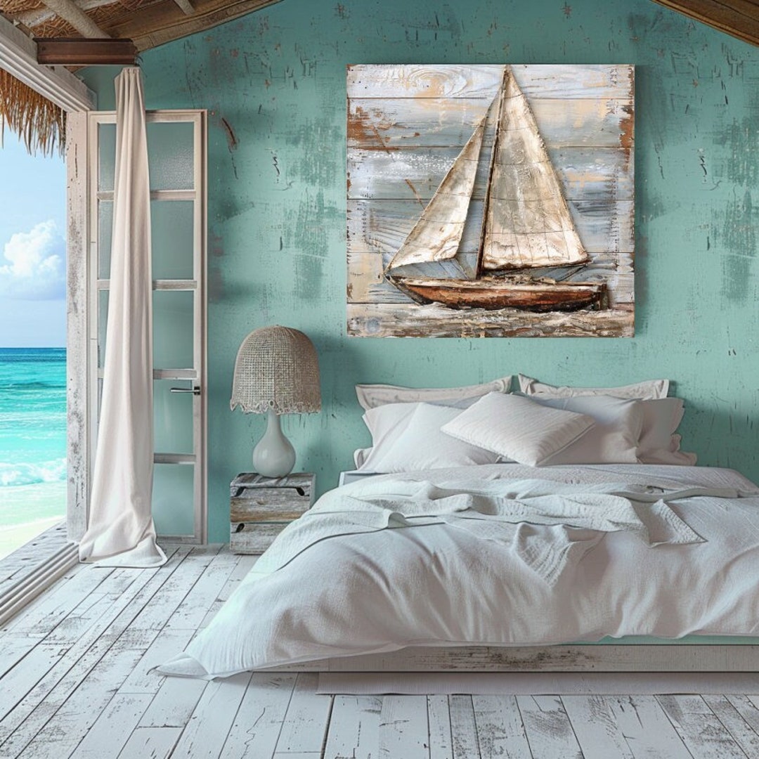 Rustic Sailboat Art on Weathered Canvas, Weathered Coastal Art ...