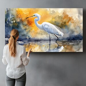White Egret Large Canvas Wall Art, Coastal Bird Oversized Wall Art ...
