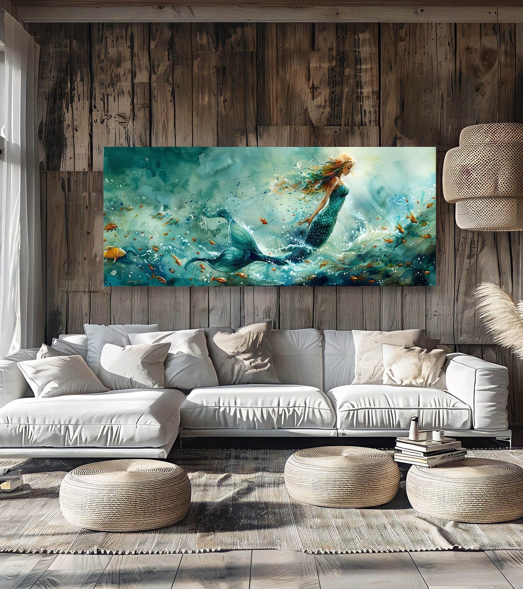 Mermaid Watercolor Canvas Wall Art Prints, Panoramic Wall Art, Mermaid ...