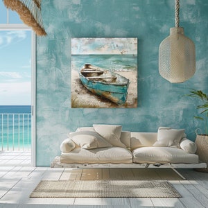 Distressed Aqua Boat on Shore Canvas Wall Art Prints, Coastal Beach ...