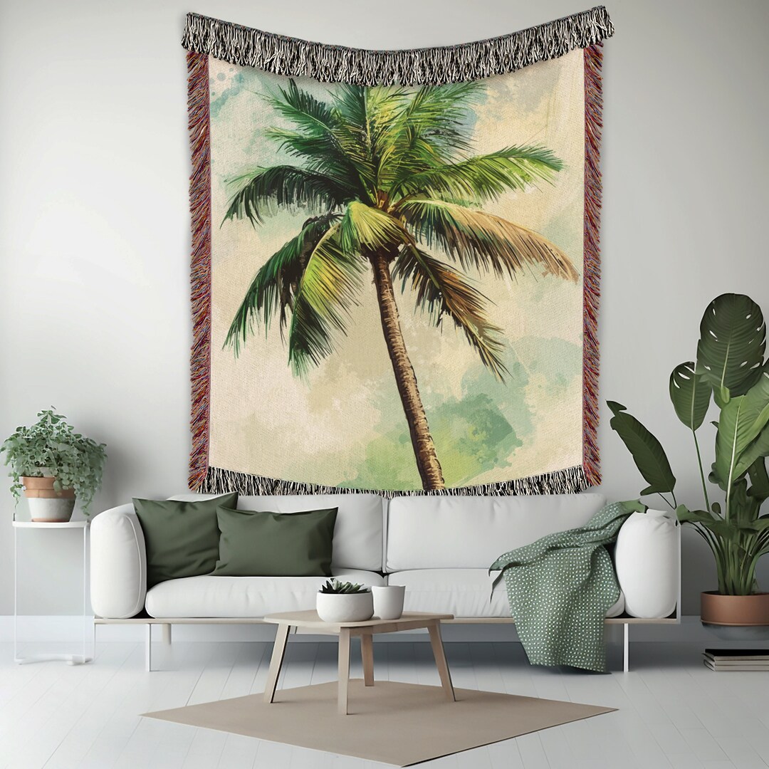 Tropical Palm Tree Woven Blanket, Picnic Blankets, Coastal Throw ...