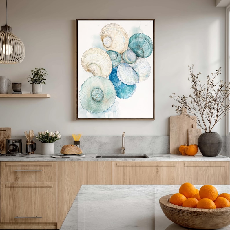 Seashell Cluster Wall Art, Coastal Watercolor Framed Canvas ...