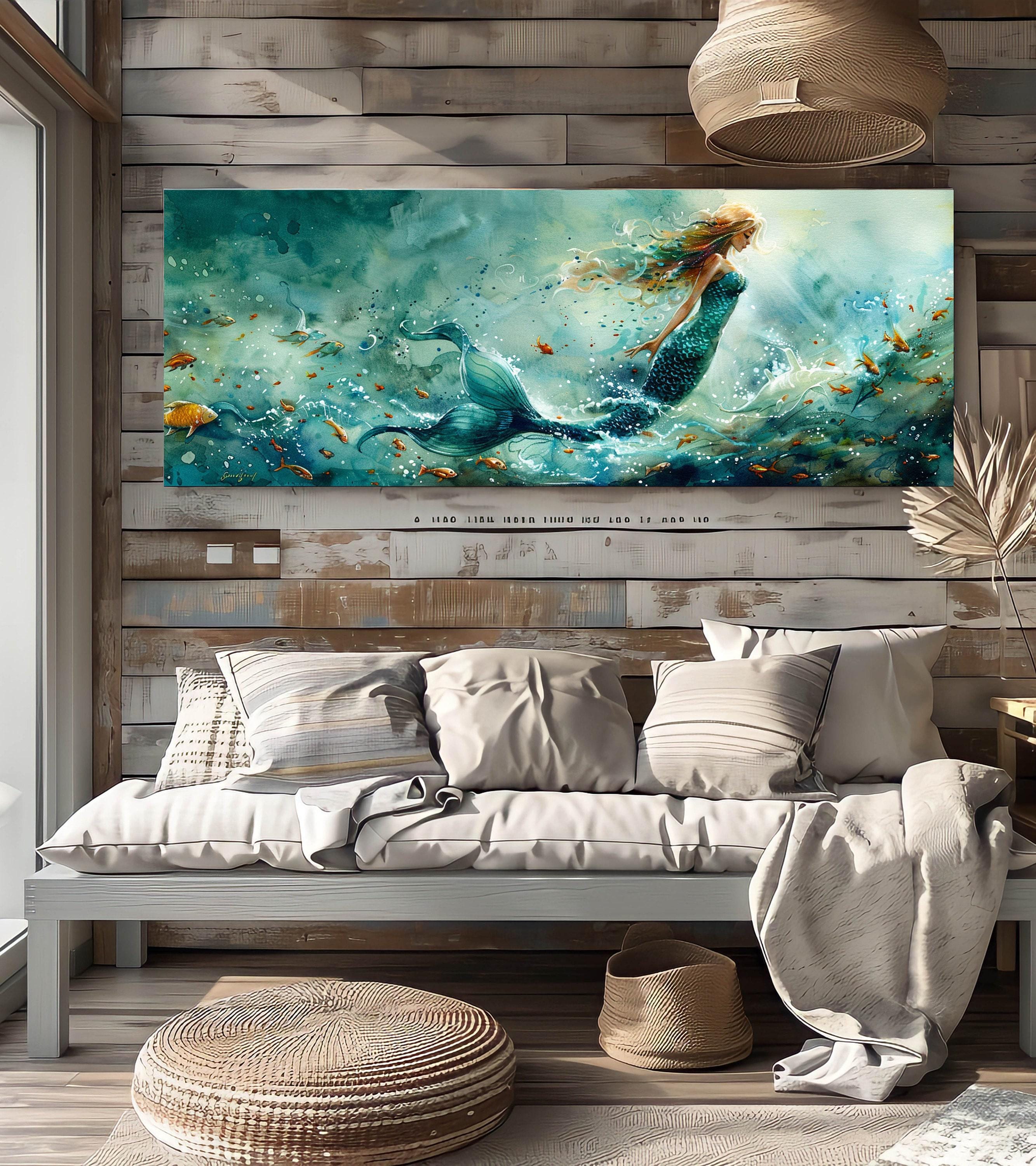 Mermaid Watercolor Canvas Wall Art Prints, Panoramic Wall Art, Mermaid ...