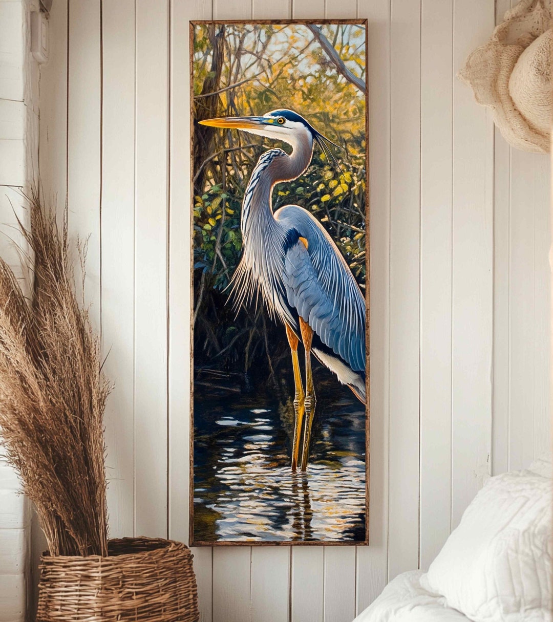 Watercolor Blue Heron Tall Canvas Art, Vertical Narrow Heron Painting ...