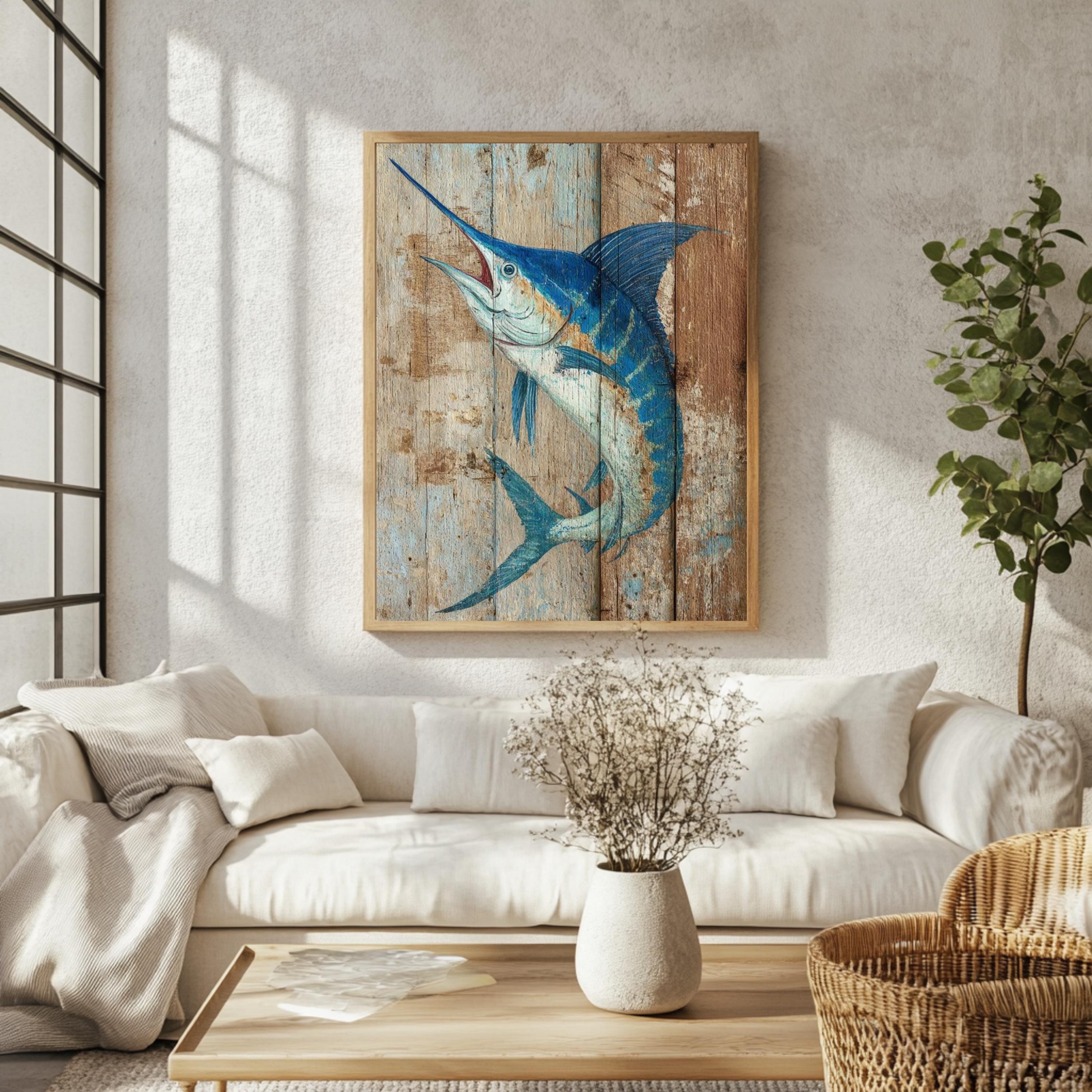Blue Marlin Wall Art, Wooden Framed Canvas, Nautical Fish Decor ...