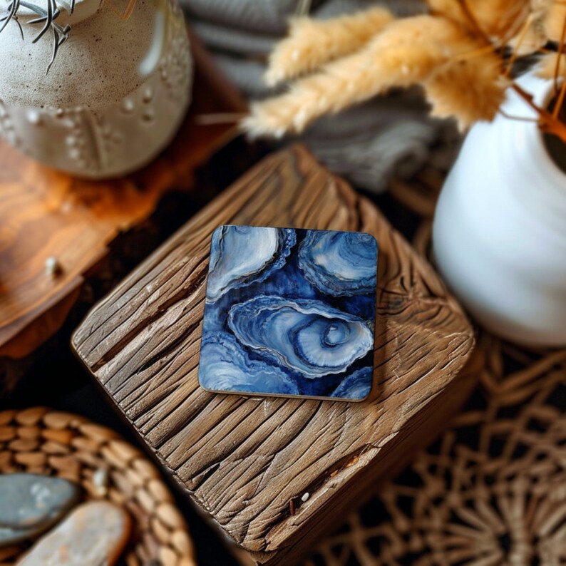 Indigo Sea Oysters Coastal Coasters Set of 4, Nautical Kitchen Coasters, Cocktails Coasters ...