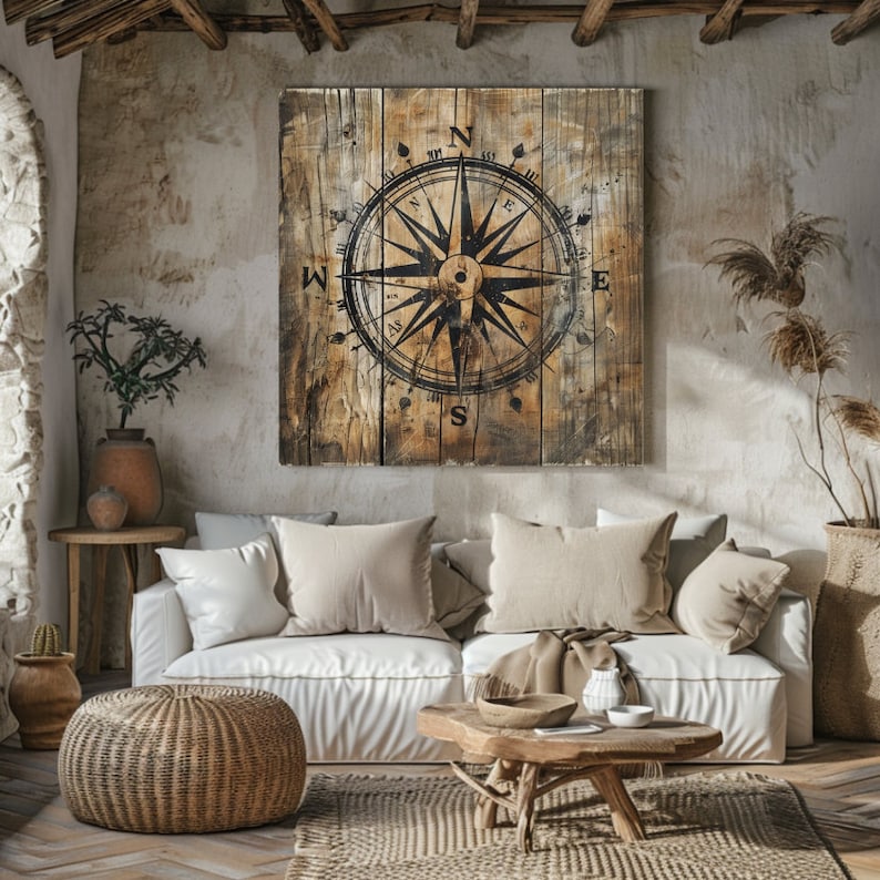 Weathered Wood Vintage Compass Canvas, Nautical Coastal Wall Art, Beach ...