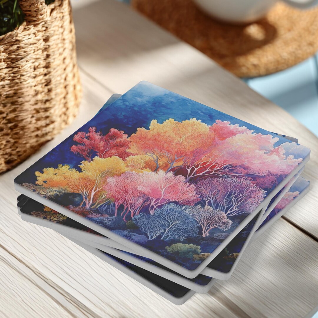 Set of 4 Coral Reef Coasters, Vibrant Ocean Inspired Decor, Square ...
