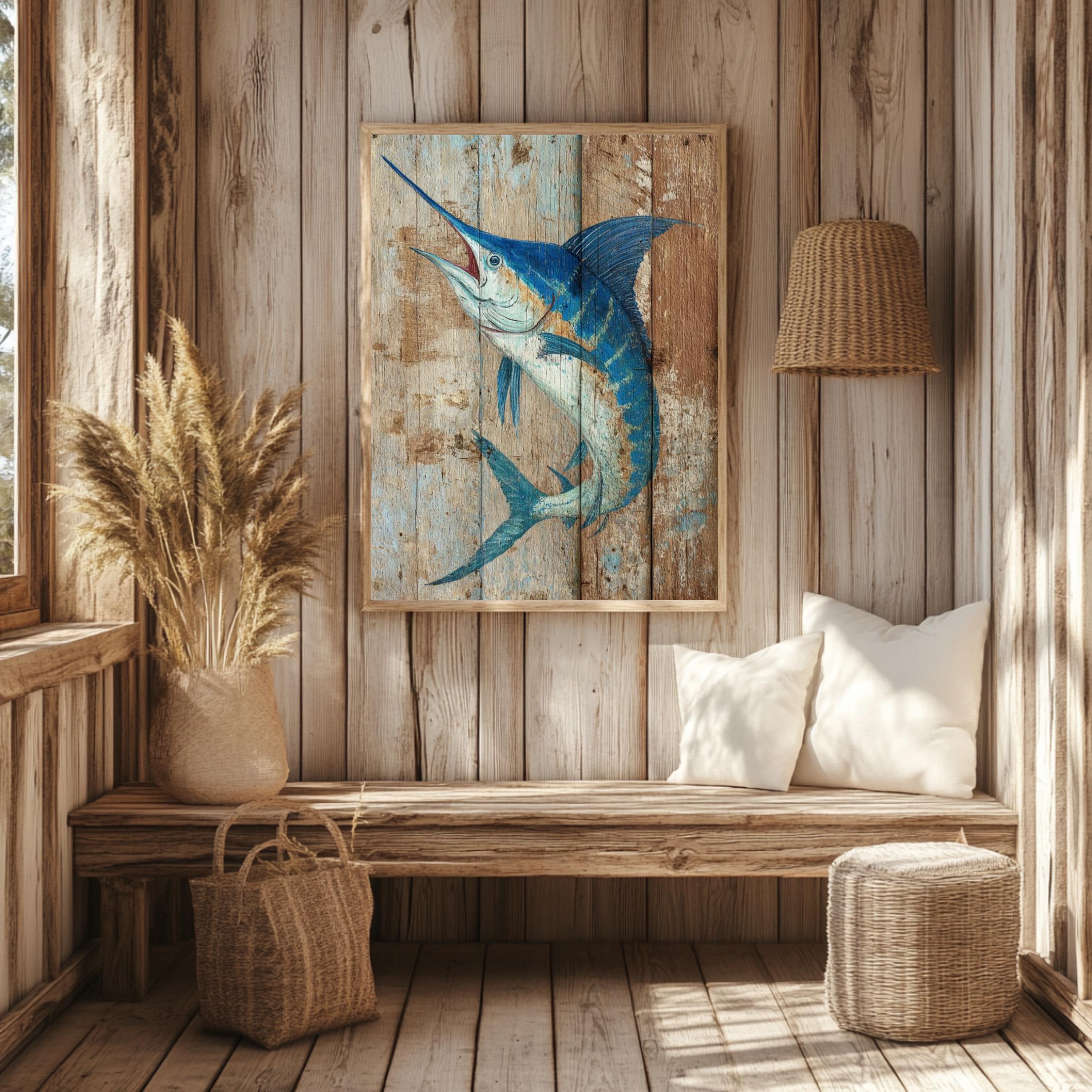 Blue Marlin Wall Art, Wooden Framed Canvas, Nautical Fish Decor ...