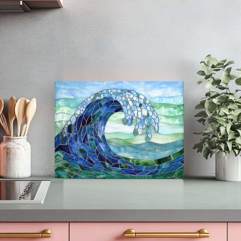 Ocean Wave Glass Cutting Board, Stained Glass Look Coastal Kitchen Art ...