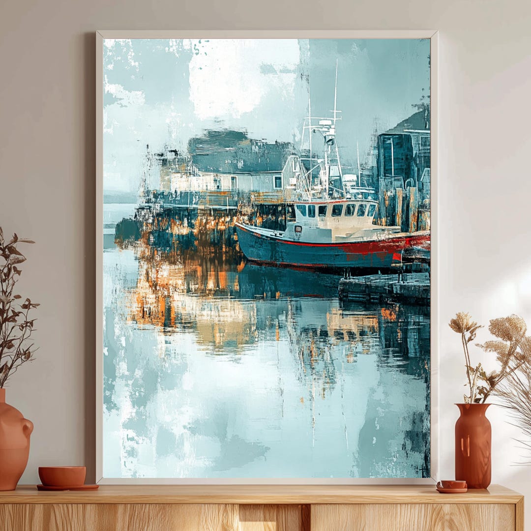 Nautical Harbor Wall Art, Fishing Boat Framed Canvas, Rustic Seaside ...