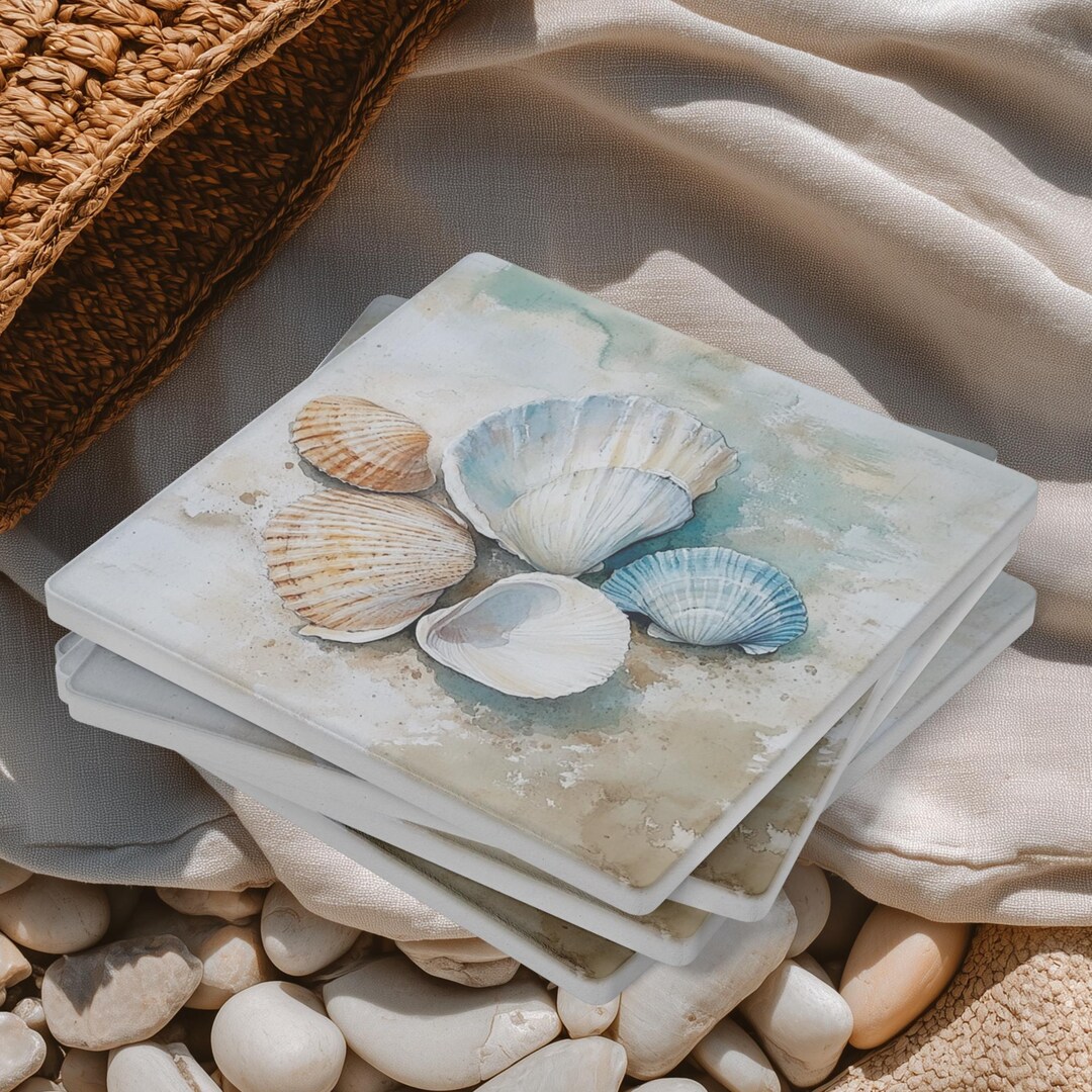 Beach Shell Coasters Set of 4, Coastal Stone Drink Coaster, Ocean Blue ...