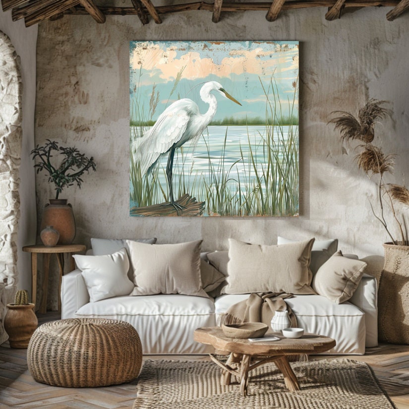 White Egret Coastal Canvas Wall Art, Nautical Wall Art, Large Nature ...