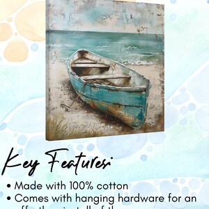 Distressed Aqua Boat on Shore Canvas Wall Art Prints, Coastal Beach ...