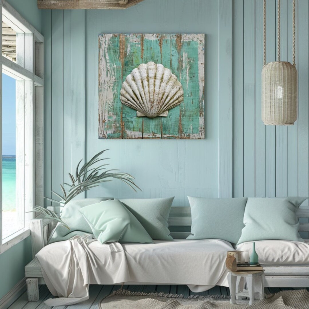 Rustic White Shell Canvas Wall Art Prints, Distressed Weathered Wood ...