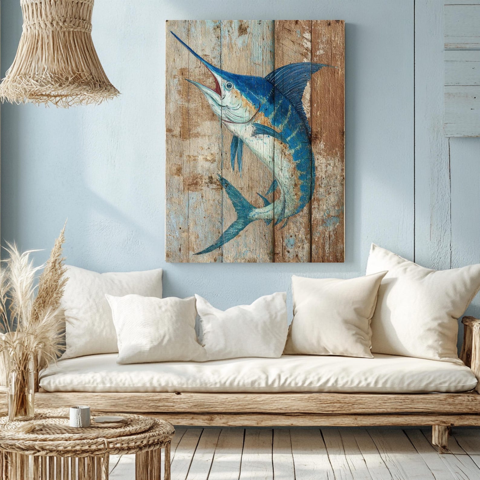 Blue Marlin Wall Art, Wooden Framed Canvas, Nautical Fish Decor ...