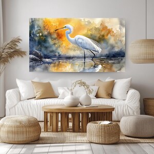 White Egret Large Canvas Wall Art, Coastal Bird Oversized Wall Art ...
