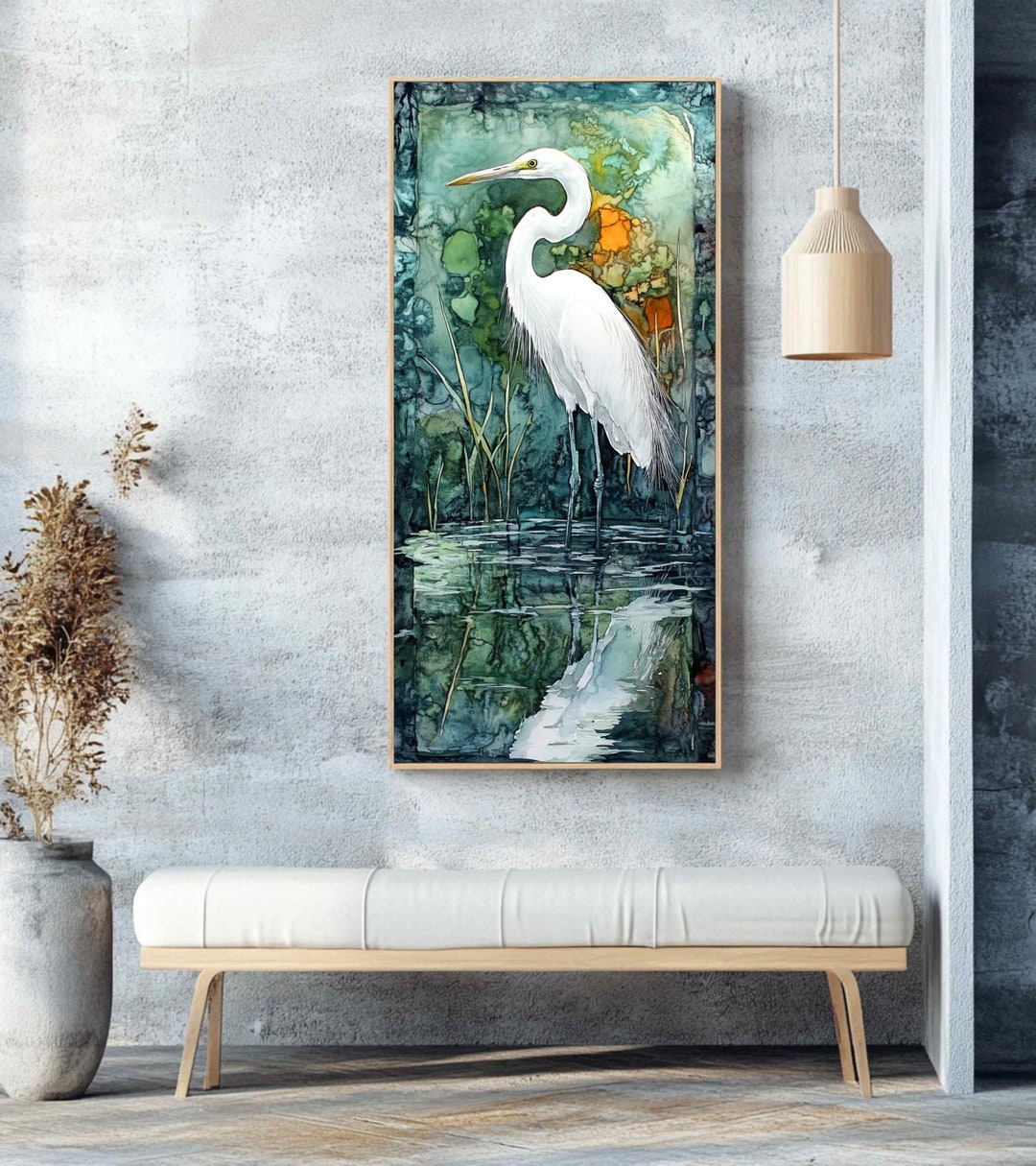 Watercolor White Egret at Marshes Tall Canvas Art, Egret Painting ...