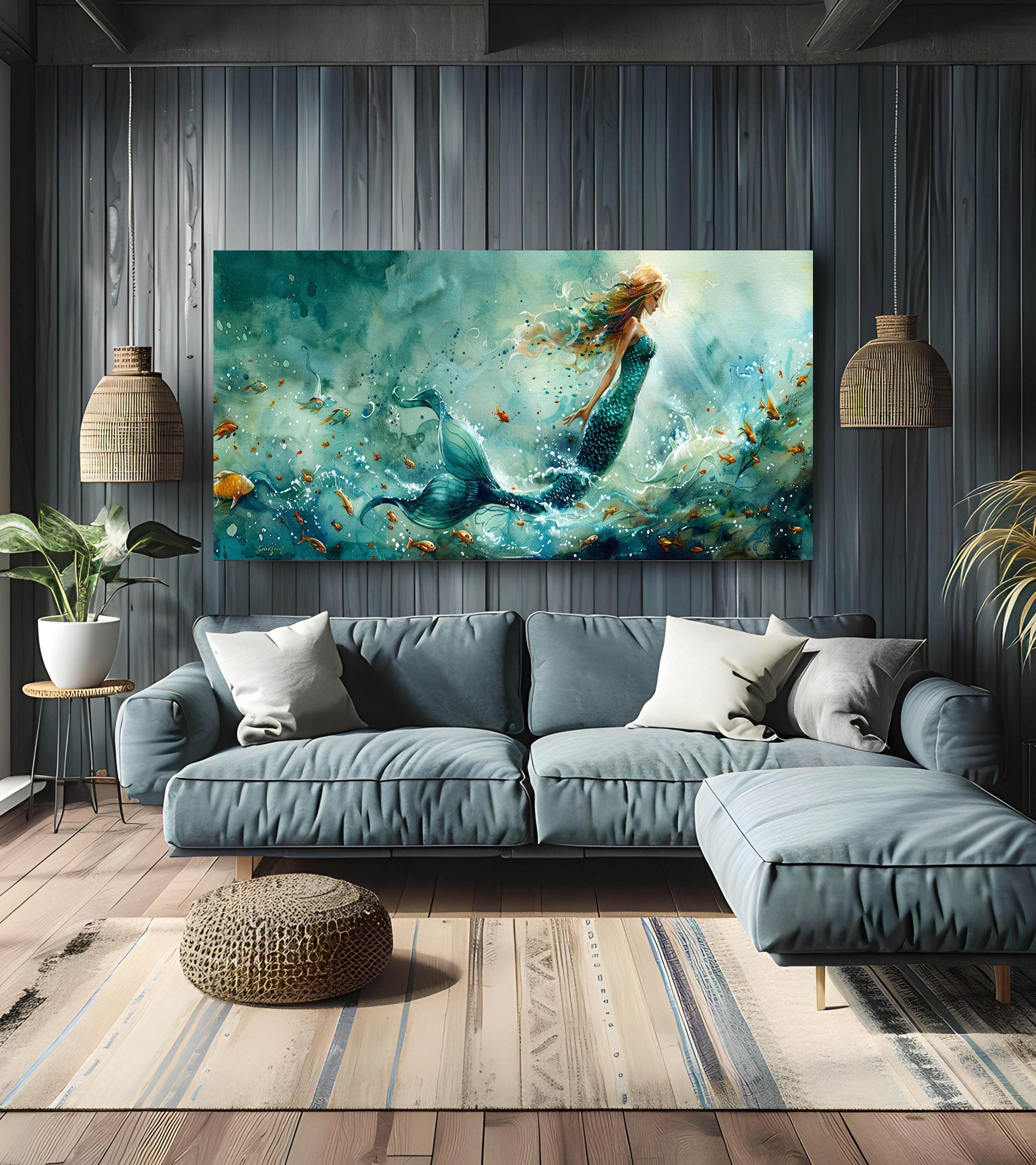 Mermaid Watercolor Canvas Wall Art Prints, Panoramic Wall Art, Mermaid ...
