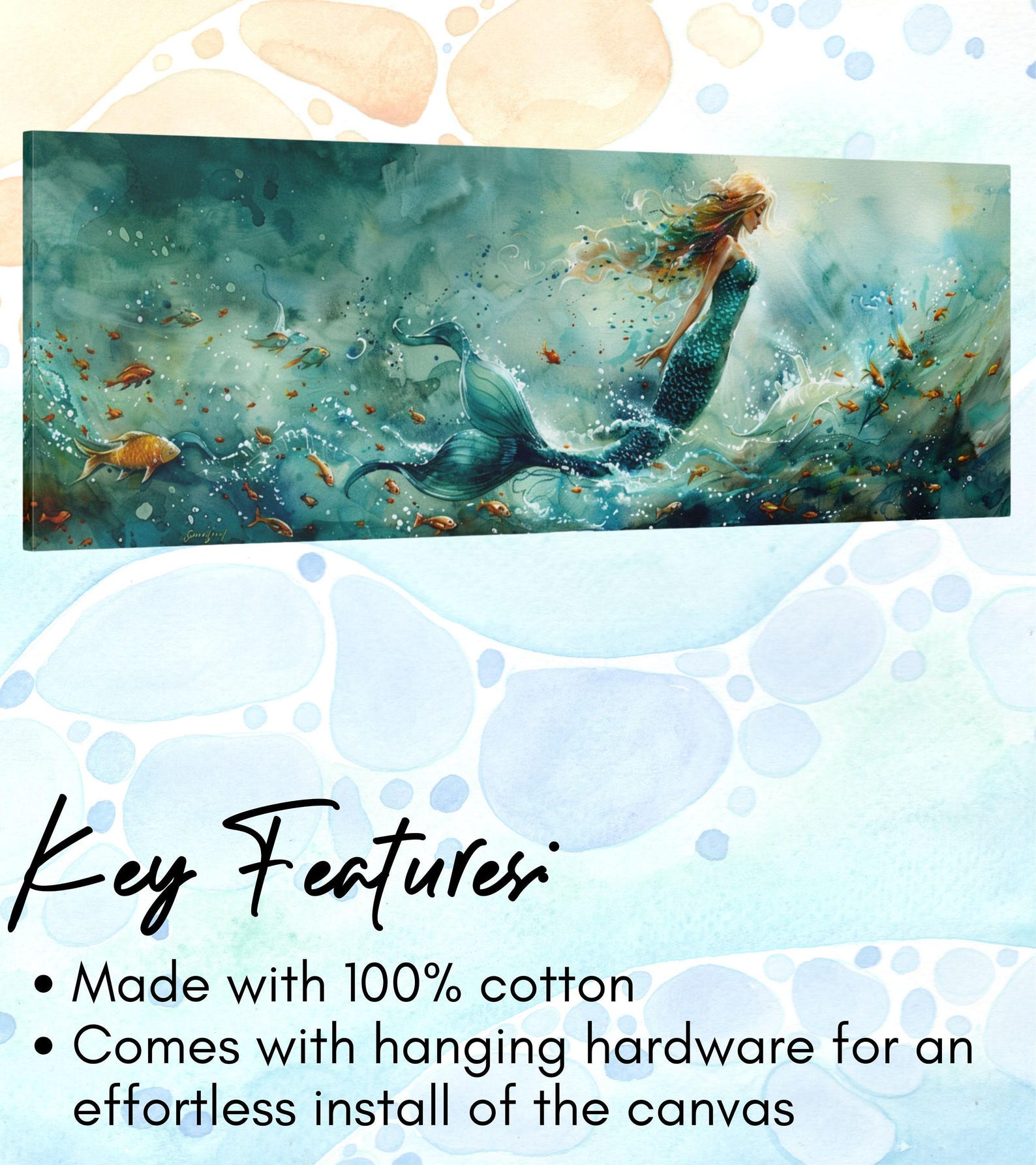Mermaid Watercolor Canvas Wall Art Prints, Panoramic Wall Art, Mermaid ...