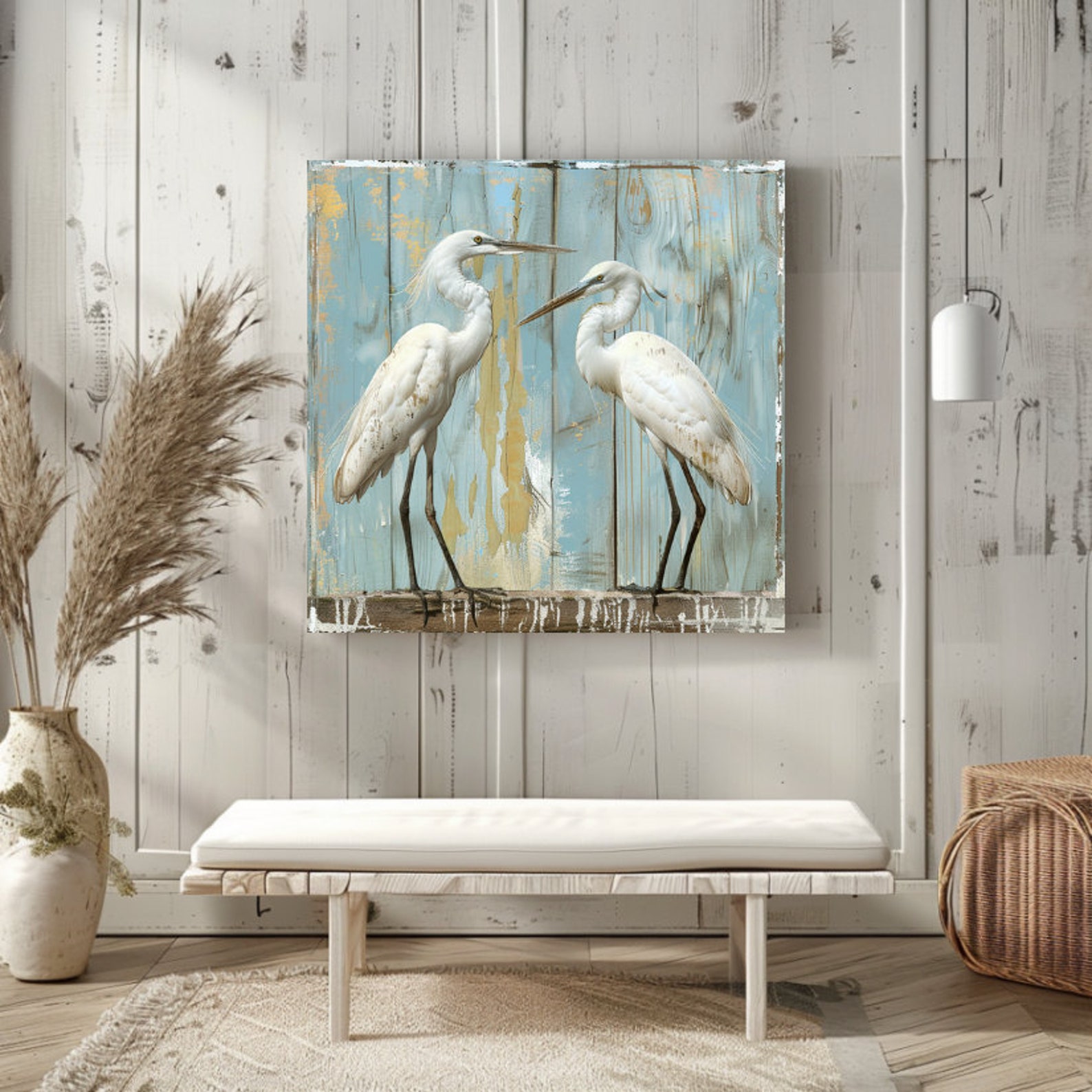Pair of White Egrets on Weathered Wood Canvas Wall Art Prints, Egret ...