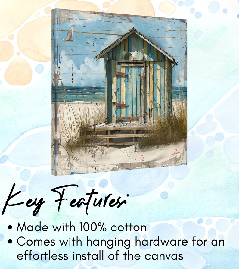Beach Hut Illustration Canvas Wall Art Prints, Weathered Distressed ...
