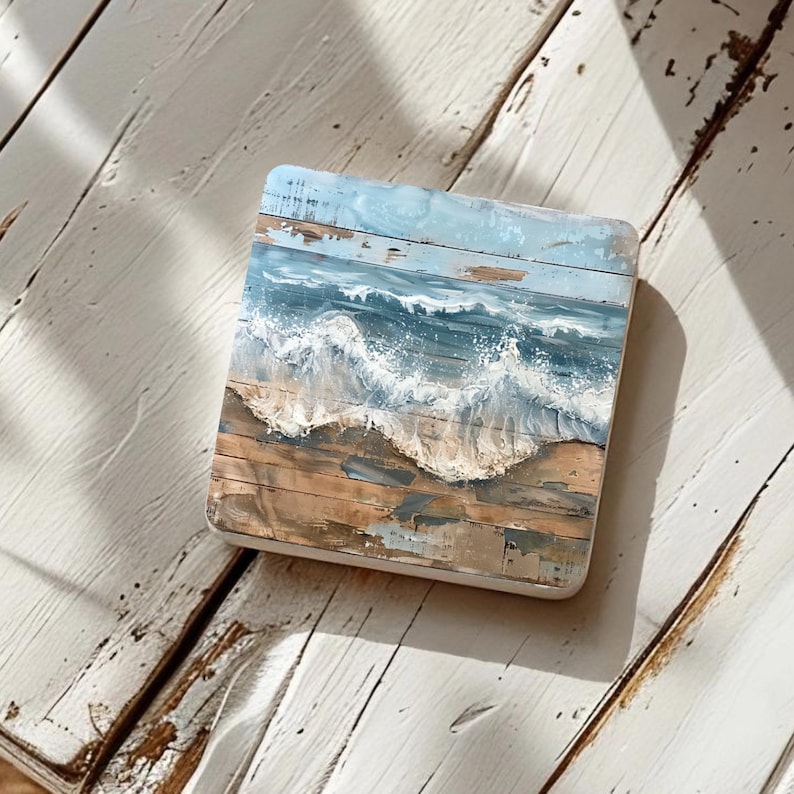 Rustic Ocean Waves Coastal Coasters Set of 4, Nautical Beach Kitchen ...