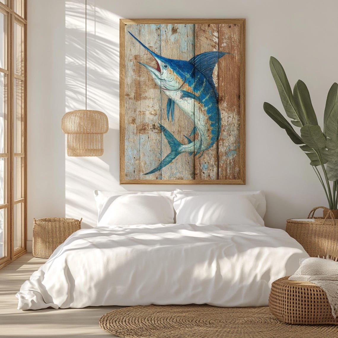 Blue Marlin Wall Art, Wooden Framed Canvas, Nautical Fish Decor ...