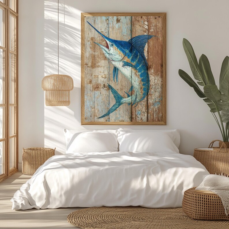 Blue Marlin Wall Art, Wooden Framed Canvas, Nautical Fish Decor ...