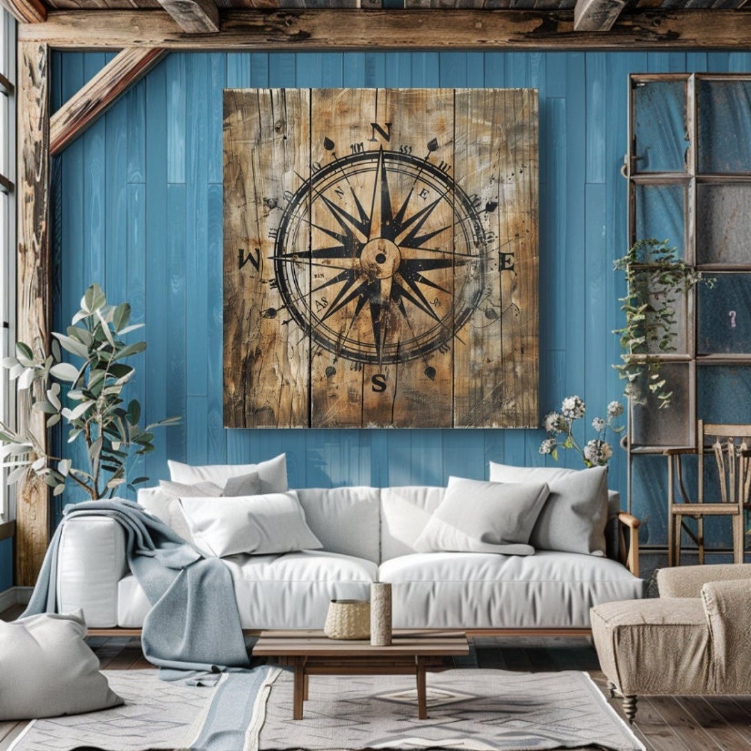 Weathered Wood Vintage Compass Canvas, Nautical Coastal Wall Art, Beach ...