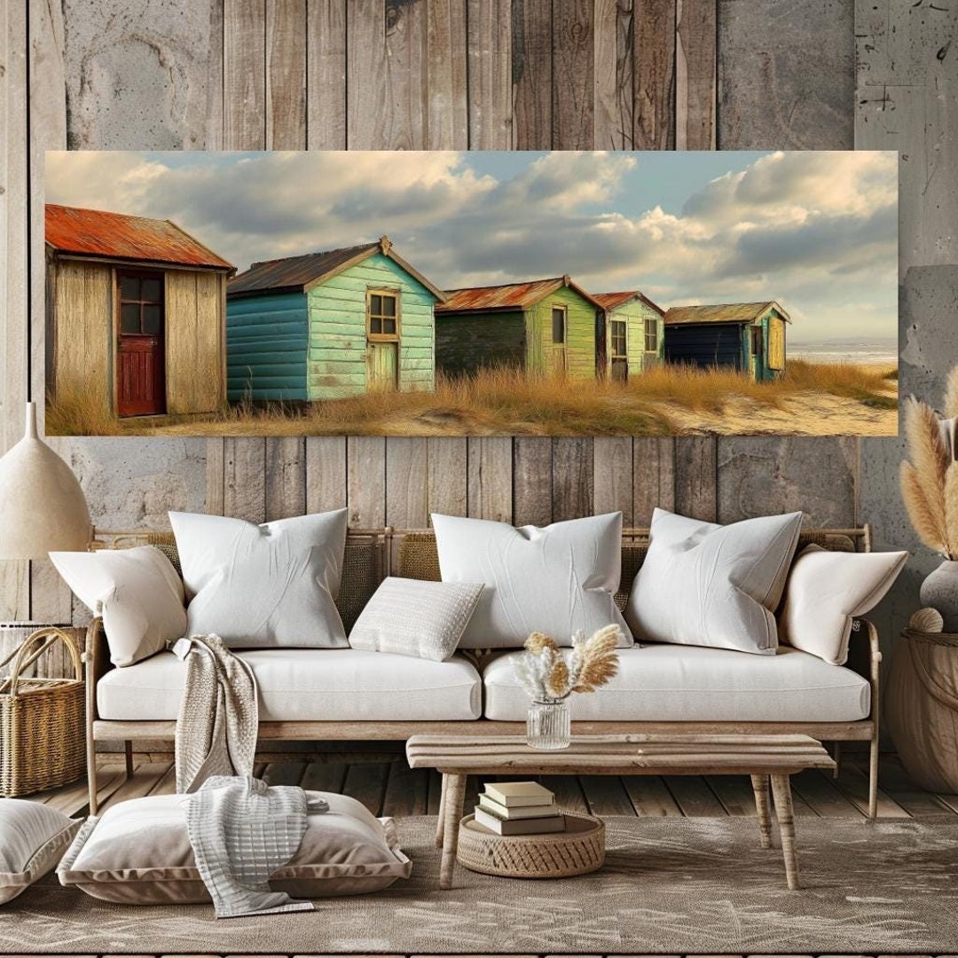 Rustic Beach Huts Canvas, Coastal Beach House Decor, Vintage Wall Art ...