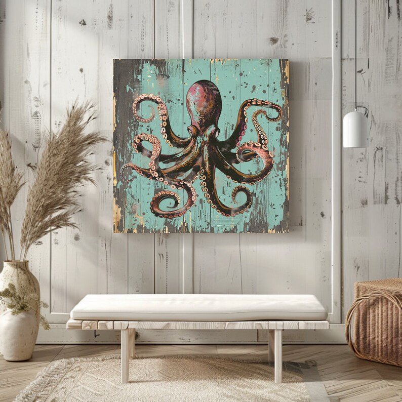 Octopus on Aqua Weathered Wood Canvas Wall Art Prints, Distressed Aqua ...