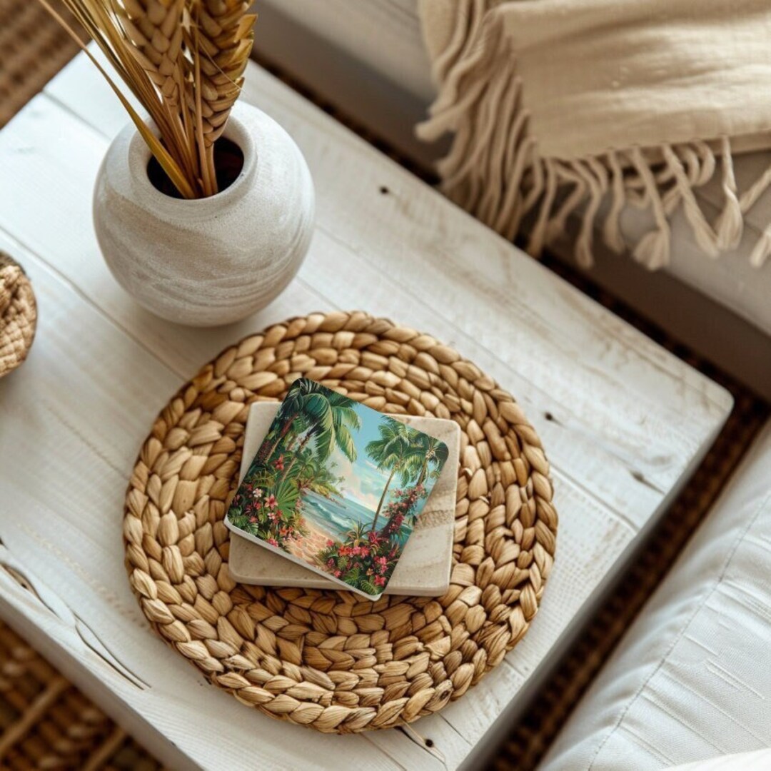Tropical Beach Coastal Coasters Set of 4, Botanical Coasters, Square ...