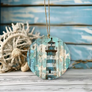 Beach Aqua Lighthouse Ornament, Coastal-themed Back-to-back Print ...