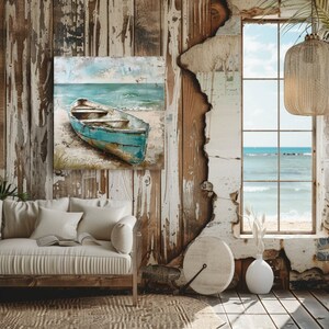 Distressed Aqua Boat on Shore Canvas Wall Art Prints, Coastal Beach ...