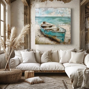 Distressed Aqua Boat on Shore Canvas Wall Art Prints, Coastal Beach ...