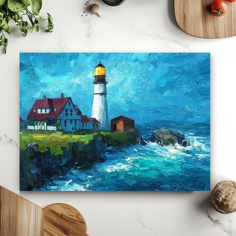 Stormy Lighthouse Coast Glass Cutting Board, Textured Blue Ocean Wave ...