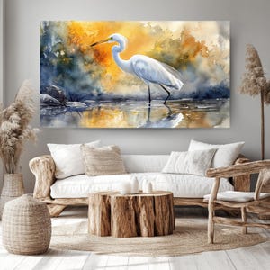 White Egret Large Canvas Wall Art, Coastal Bird Oversized Wall Art ...