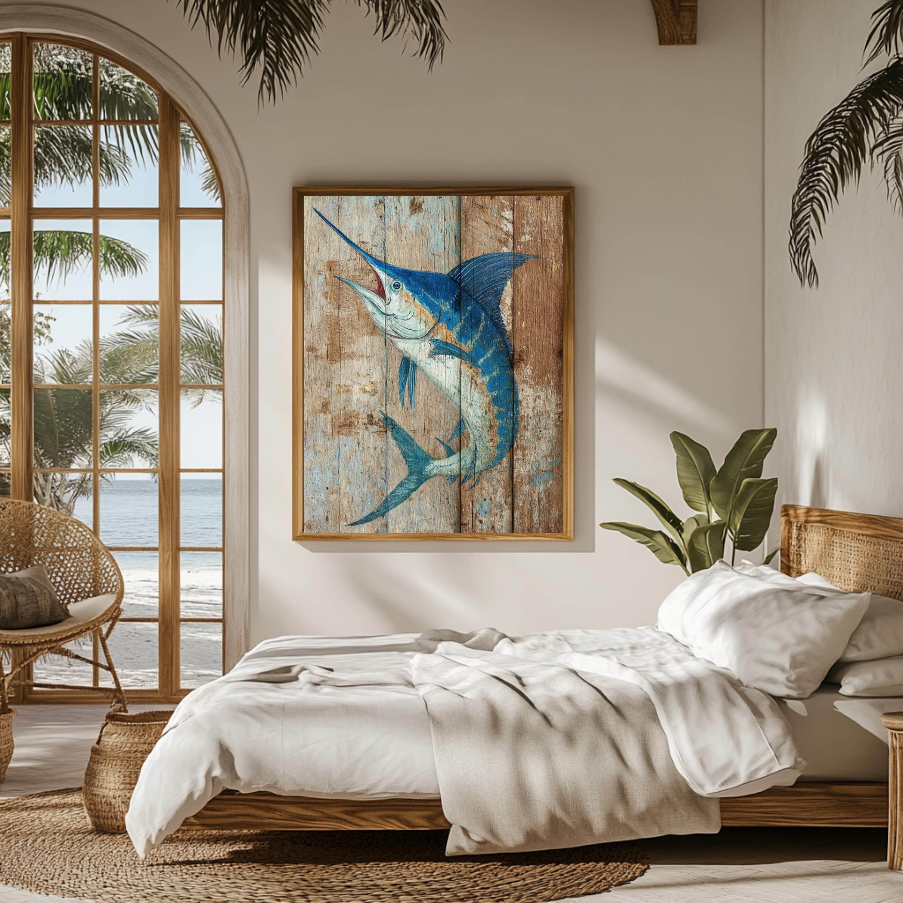 Blue Marlin Wall Art, Wooden Framed Canvas, Nautical Fish Decor ...