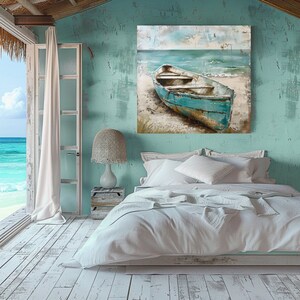 Distressed Aqua Boat on Shore Canvas Wall Art Prints, Coastal Beach ...