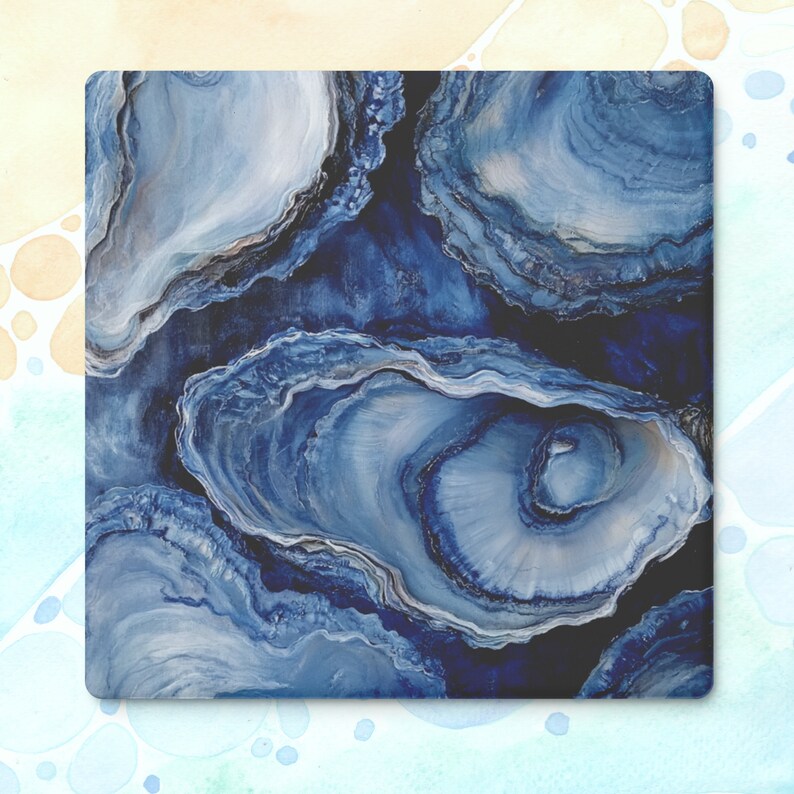 Indigo Sea Oysters Coastal Coasters Set of 4, Nautical Kitchen Coasters, Cocktails Coasters ...