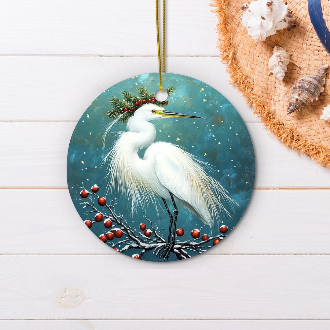 Christmas Egret Design, Coastal Holiday Decor, Double-sided Print With ...
