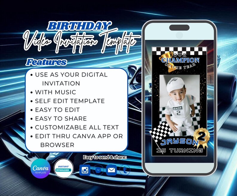 Editable Formula Car Birthday Video Invitation: Race Car Theme Party ...