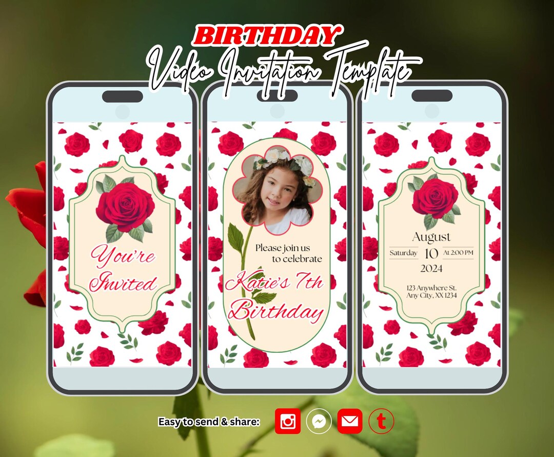 Editable Roses Birthday Video Invitation Template, Red Roses Birthday ...